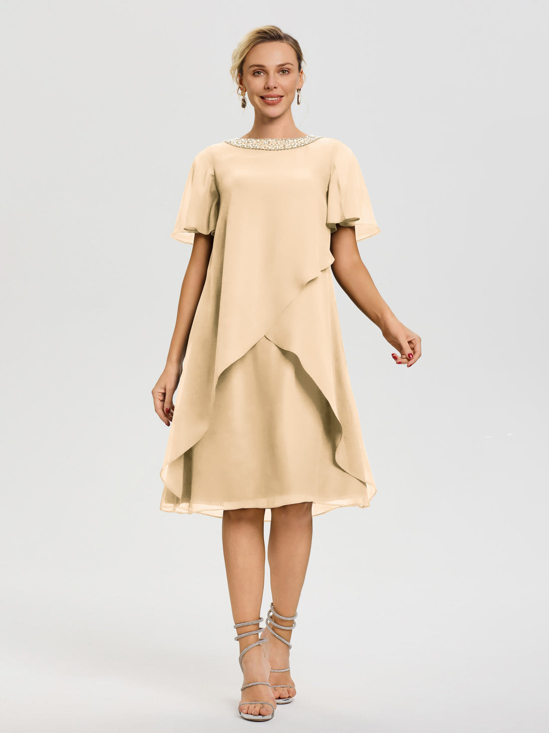 Peach Dress For Wedding Mother Of The Bride Jewel A-Line Short Sleeves