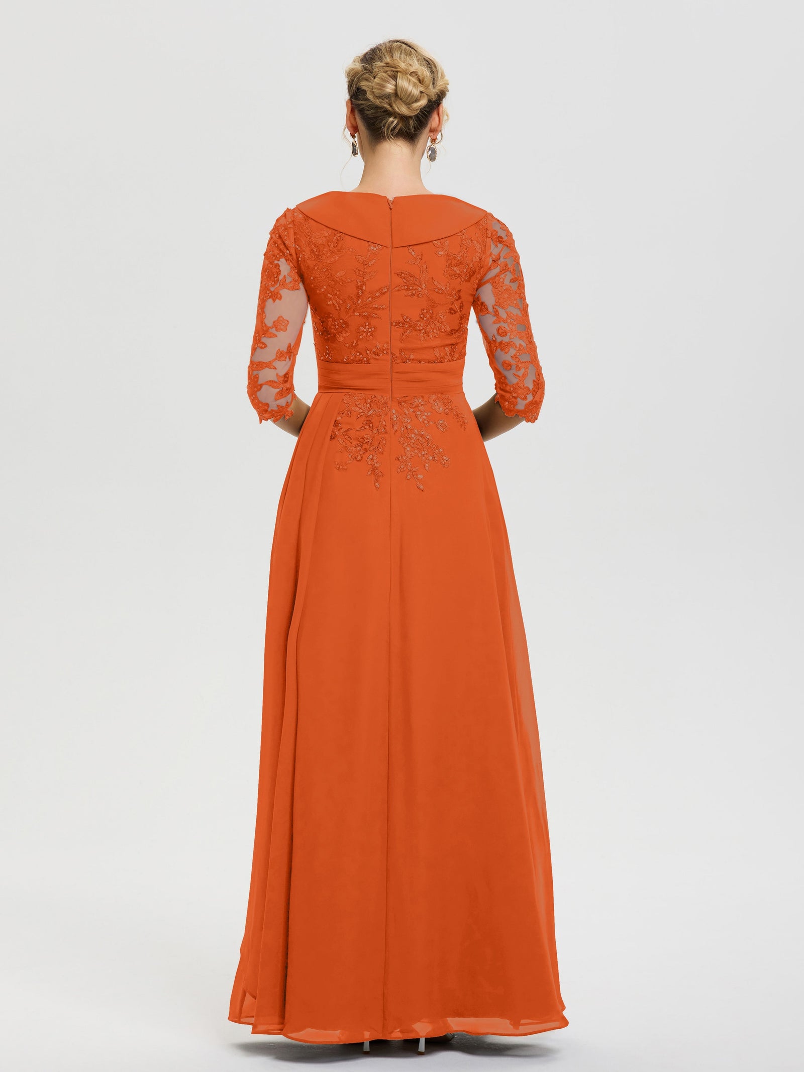 Burnt Orange Mother Of Bride Dress A Line V Neck 3/4 Illusion Sleeves