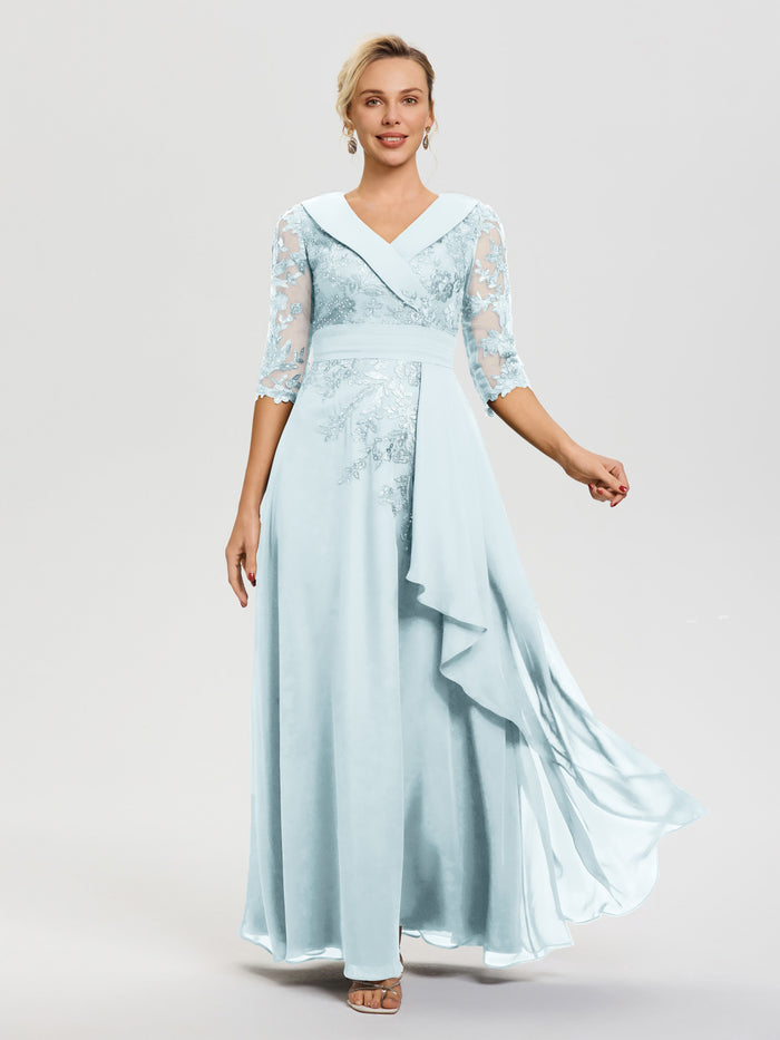 Mother Of The Bride Mist Dresses A Line V Neck 3/4 Illusion Sleeves Ap