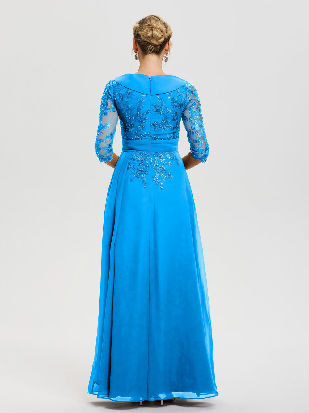 Mother Of The Bride Ocean Blue Dresses A Line V Neck 3/4 Illusion Slee
