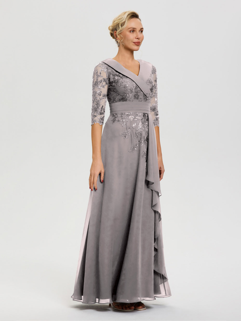 Silver Mother Of The Bride Dress With Sleeves A Line V Neck 3/4 Illusi
