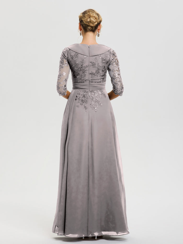 Silver Mother Of The Bride Dress With Sleeves A Line V Neck 3/4 Illusi