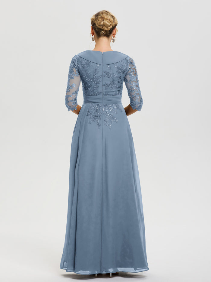 Mother Of The Bride Outfit Slate Blue A Line V Neck 3/4 Illusion Sleev