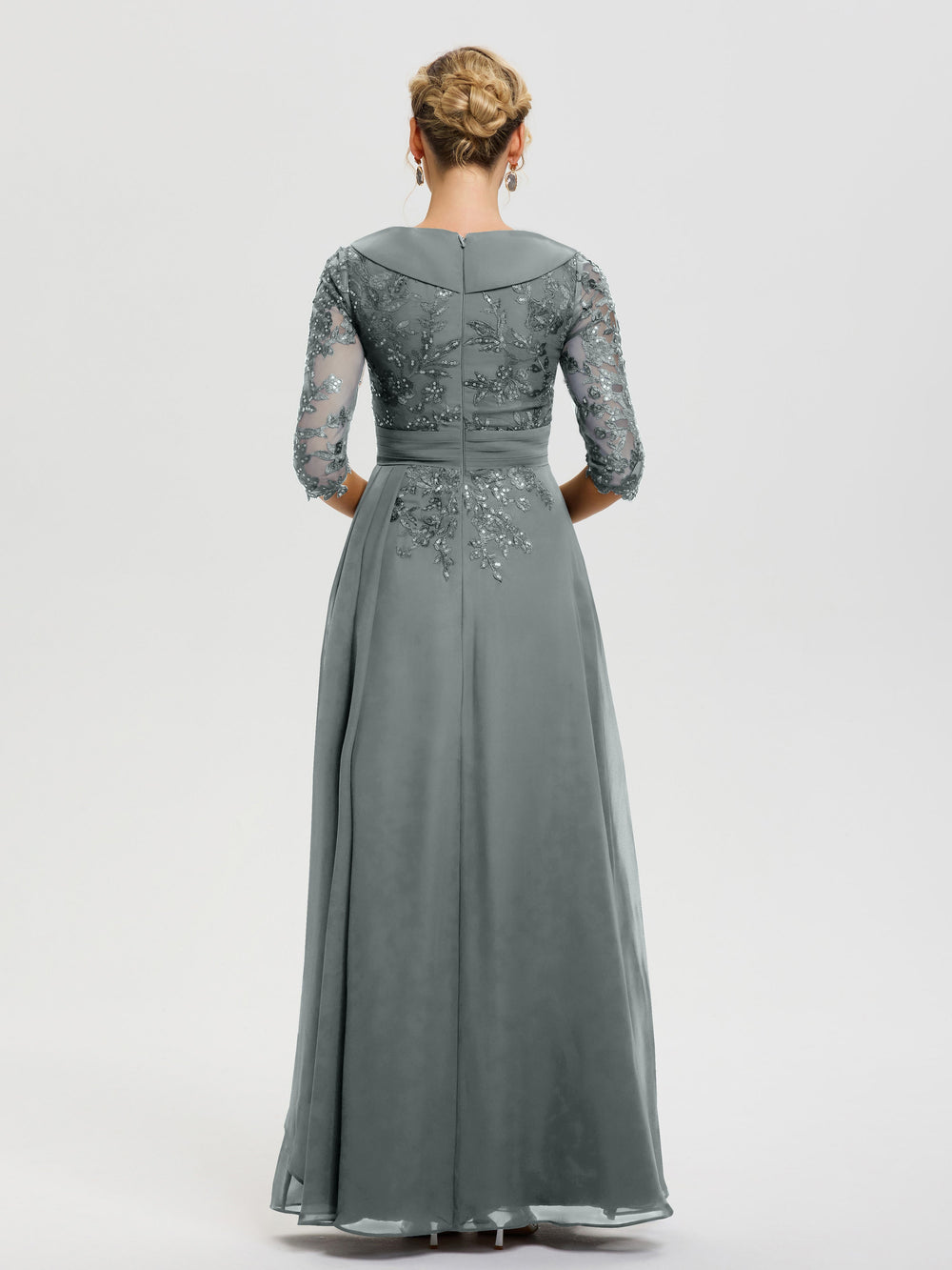 Steel Gray Mother Of The Bride Dresses A Line V Neck 3/4 Illusion Slee