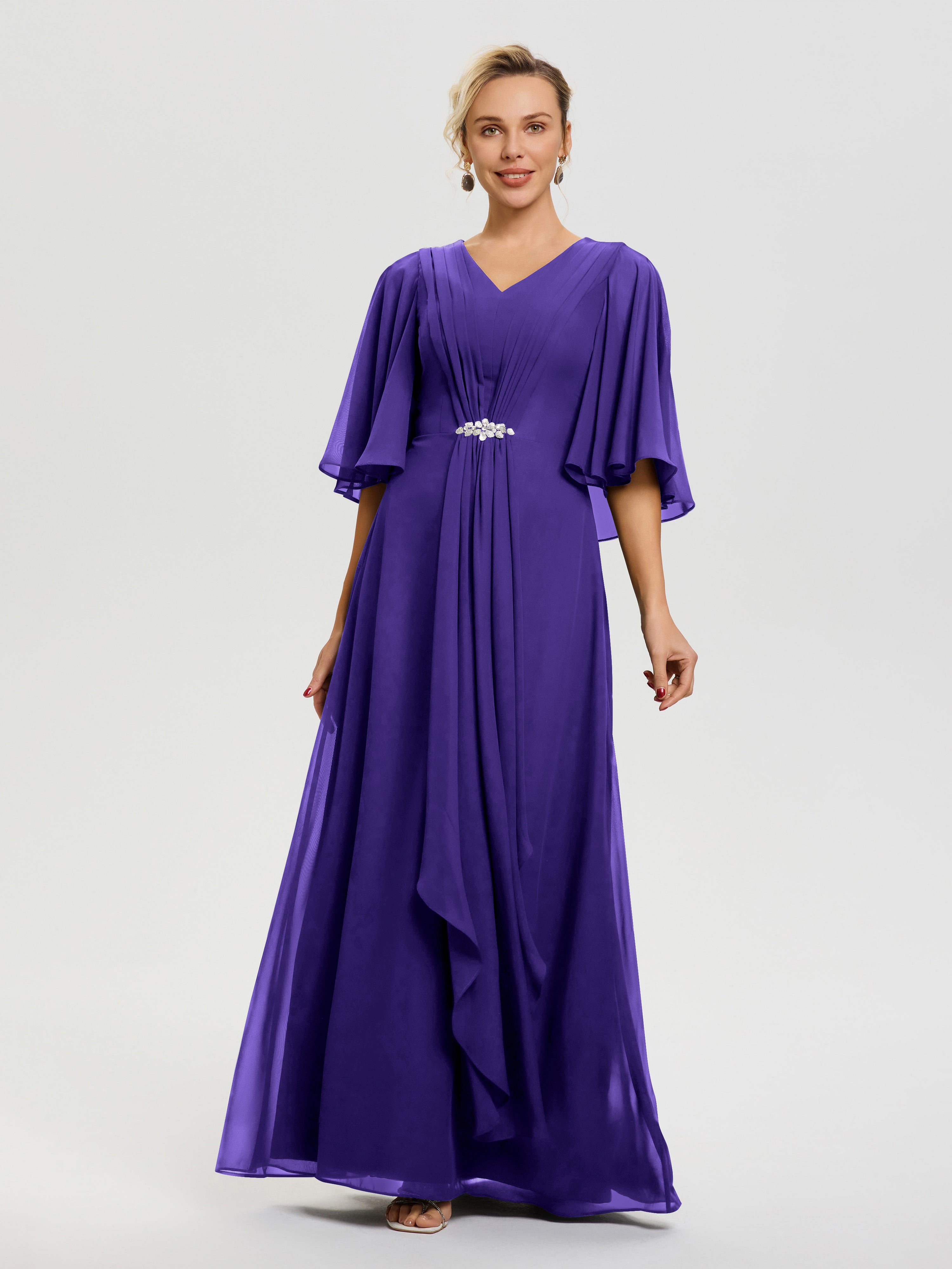 Mother Of The Bride Regency Outfits Flowy Ruffle Sleeves V-Neck Ruched