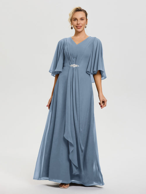 Mother Of The Bride Outfits Slate Blue Flowy Ruffle Sleeves V-Neck Ruc
