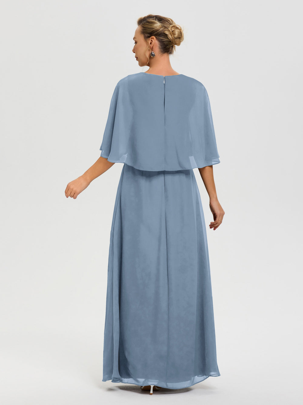 Mother Of The Bride Outfits Slate Blue Flowy Ruffle Sleeves V-Neck Ruc