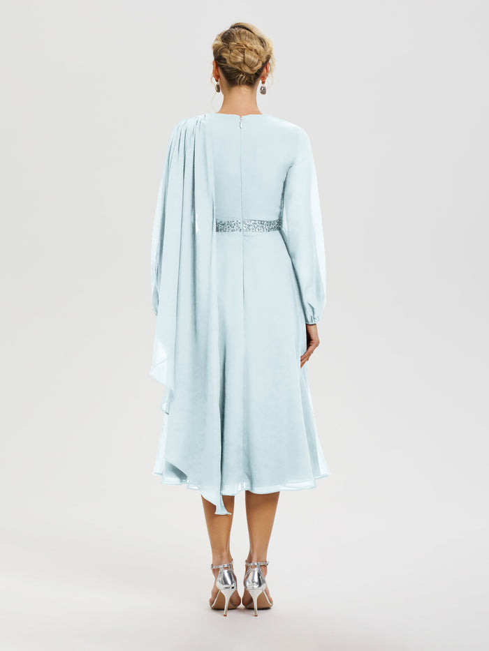 Mist Mother Of Bride Dress Elegant A-Line Beading Long Sleeves Tea-Len