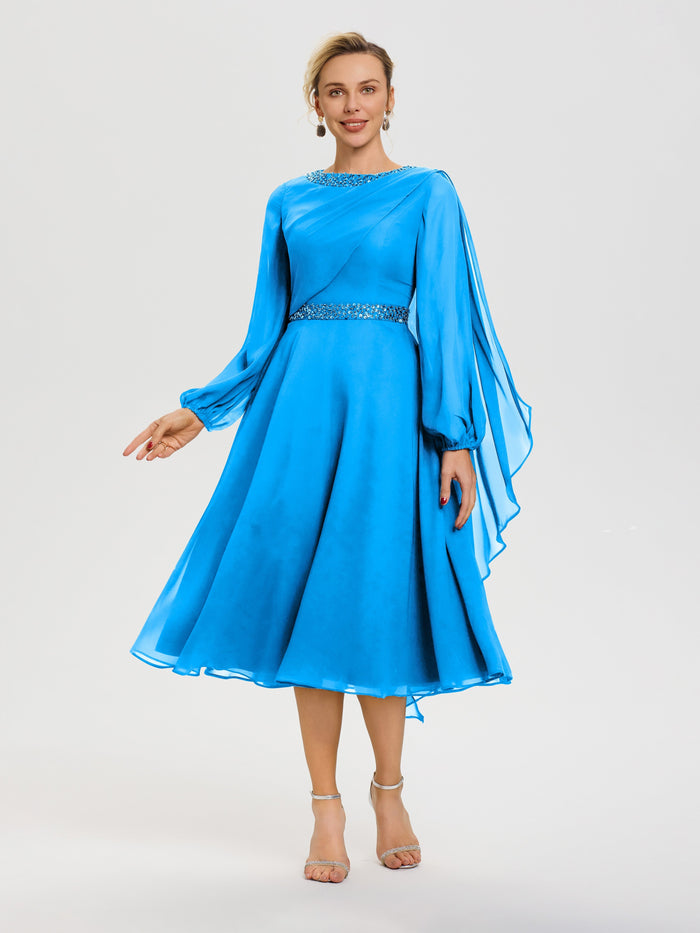Ocean Blue Mother Of Bride Gown Elegant A-Line Beading Long Sleeves Te