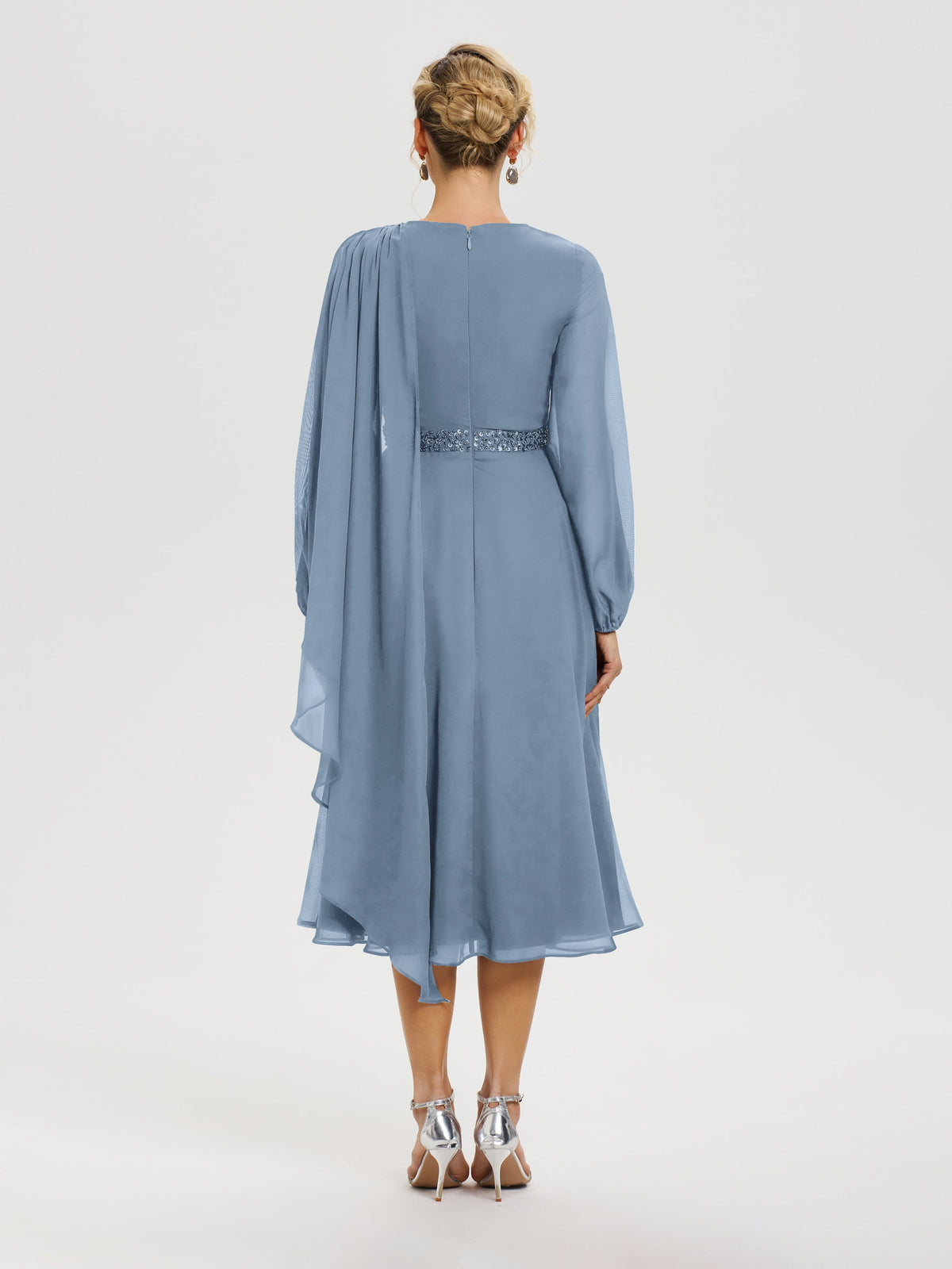 Slate Blue Mother Of The Bride Elegant A-Line Beading Long Sleeves Tea