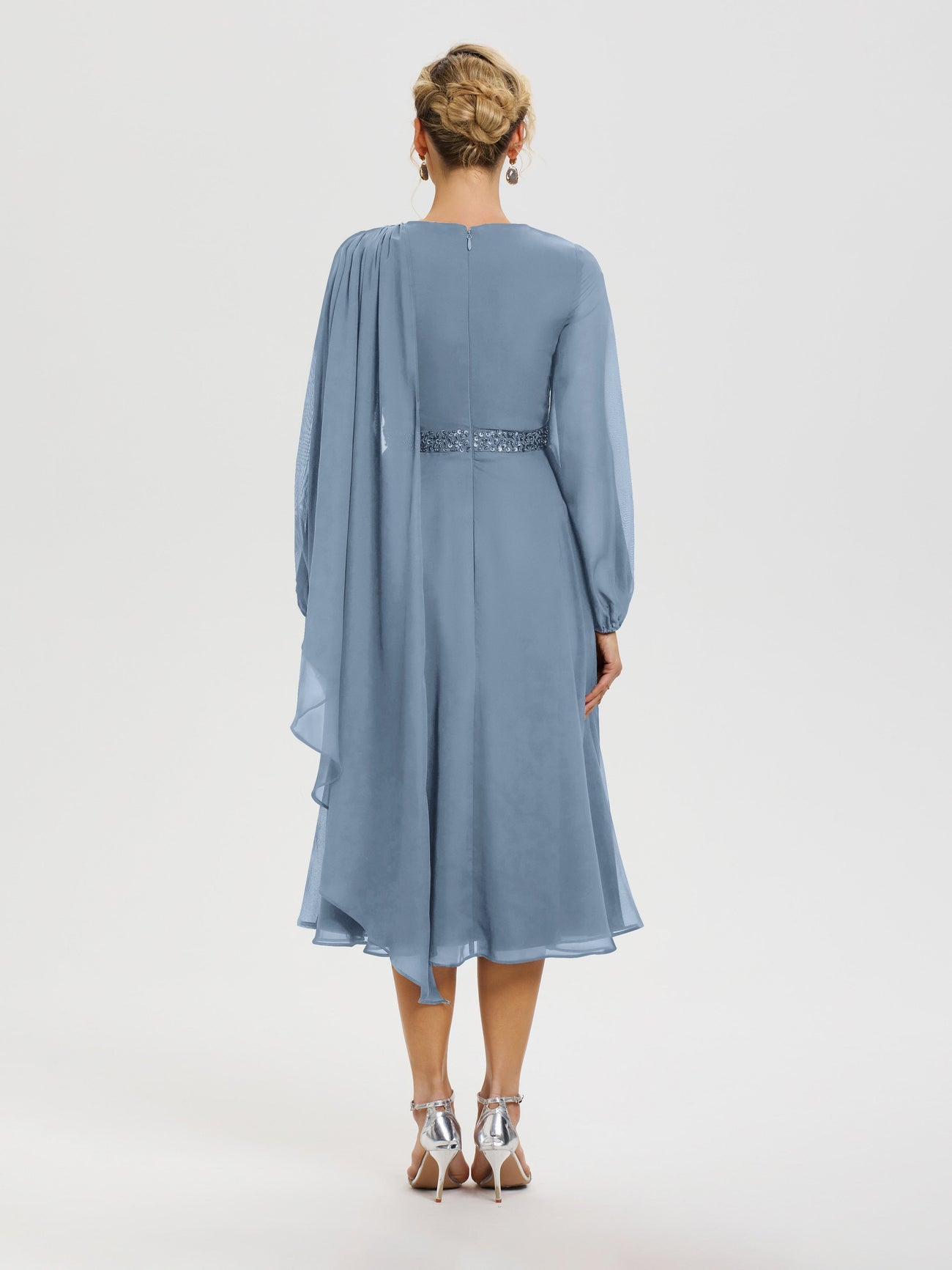 Slate Blue Mother Of The Bride Elegant A-Line Beading Long Sleeves Tea
