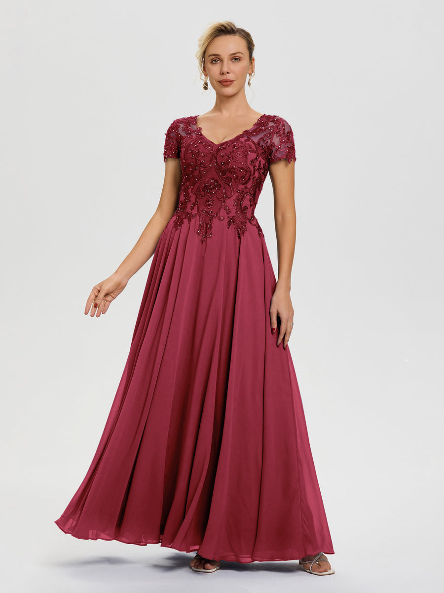 Mother Of The Bride Dresses In Cinnamon Rose A-Line Lace Sleeves V-Nec