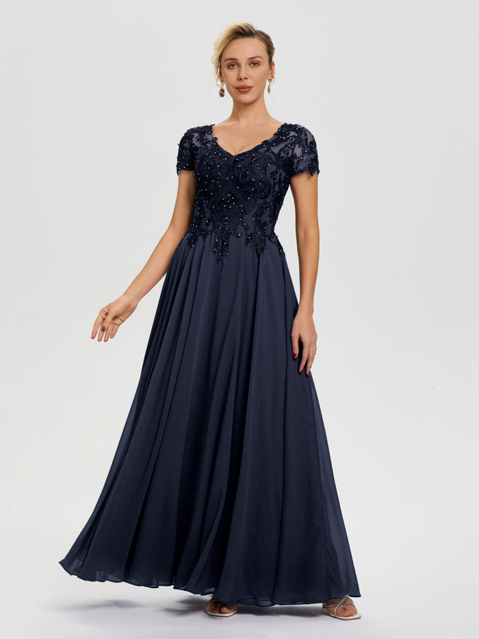 Navy Mother Of The Bride Dress A-Line Lace Sleeves V-Neck Long Chiffon