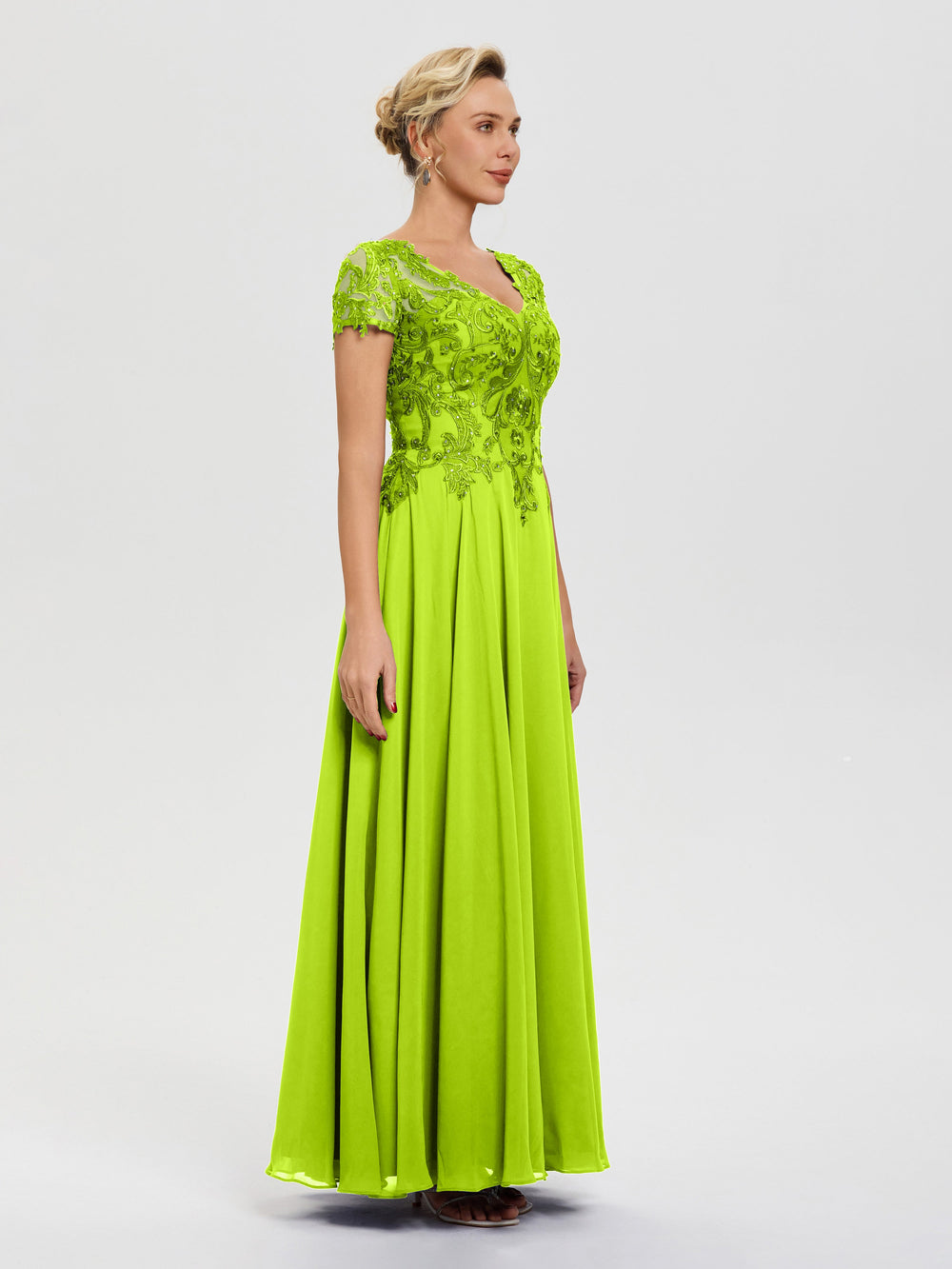 Lime Green Mother Of The Bride Outfits A-Line Lace Sleeves V-Neck Long