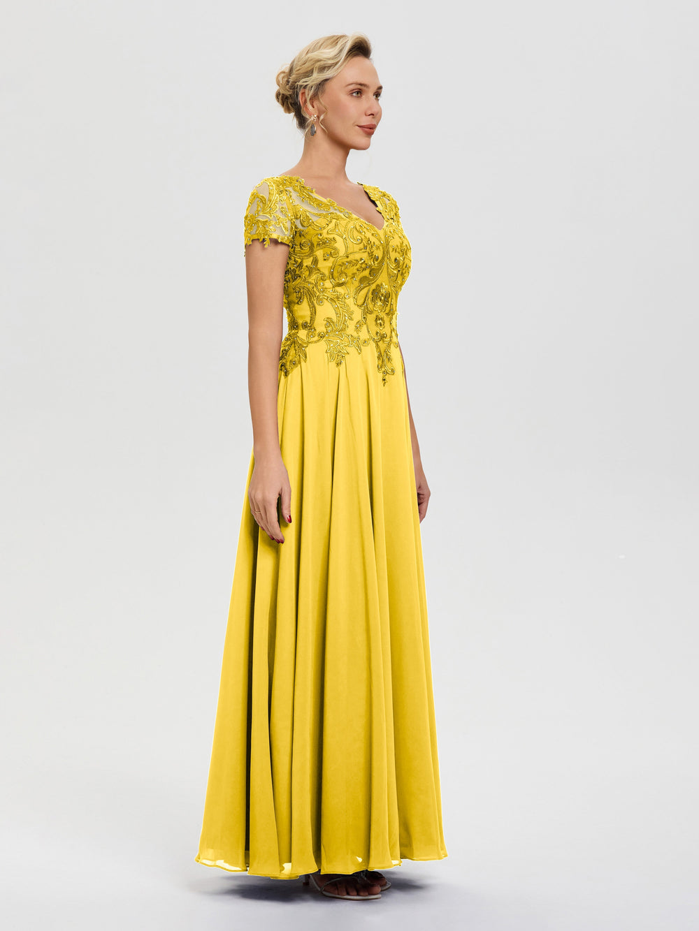 Mother Of Bride Dress Marigold A-Line Lace Sleeves V-Neck Long Chiffon