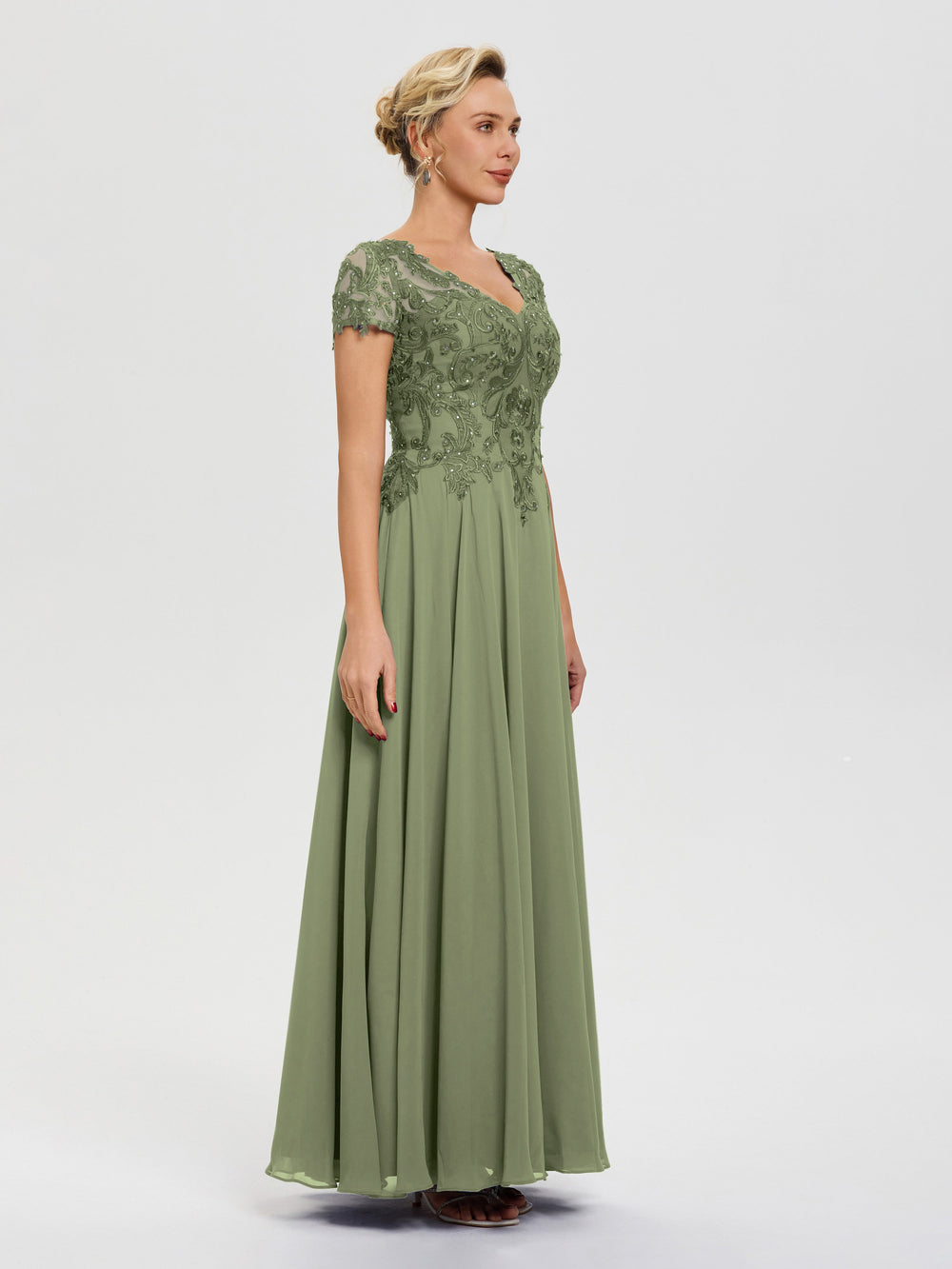 Light Olive Green Mother Of The Bride Dresses A-Line Lace Sleeves V-Ne