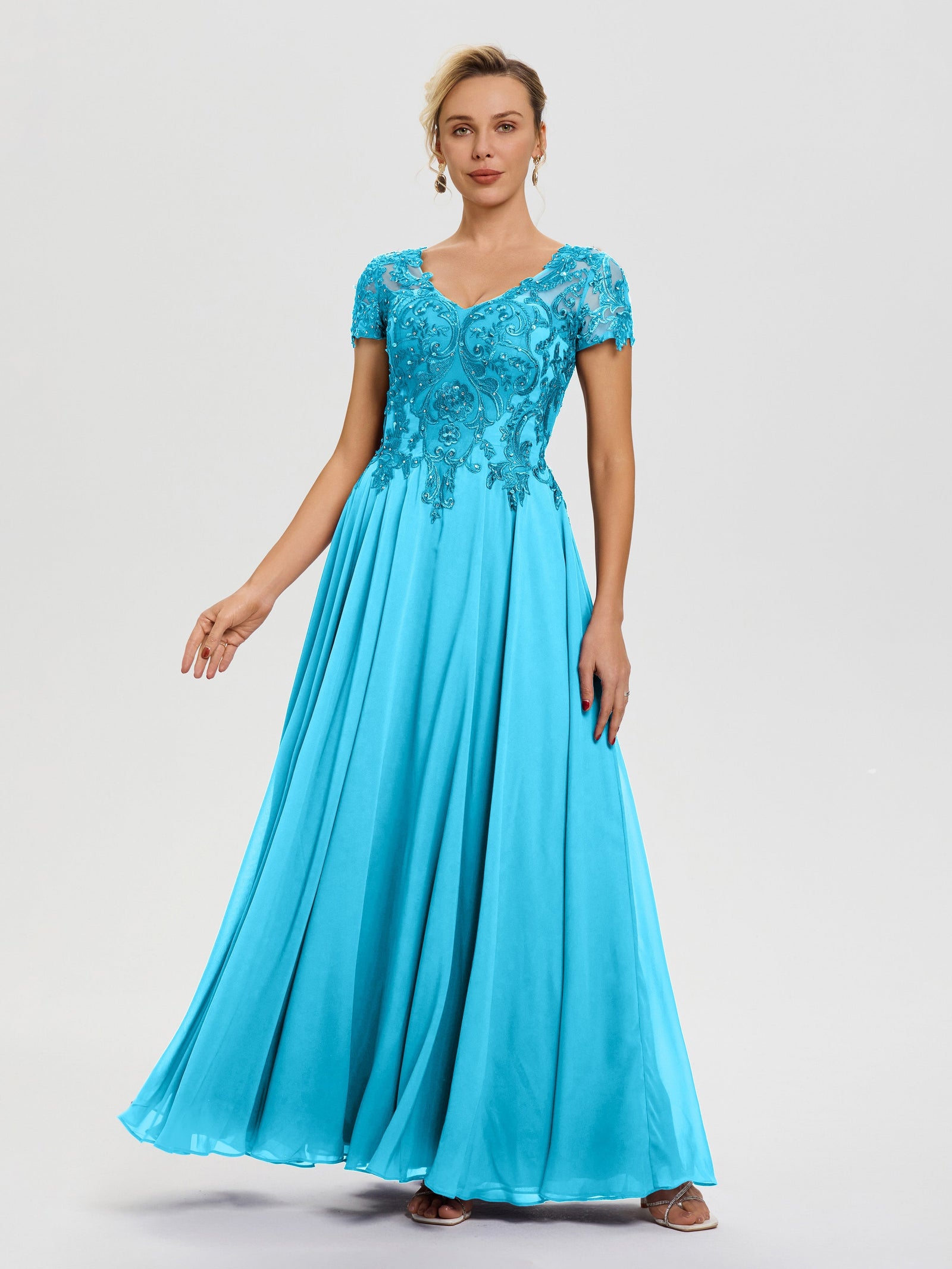 Pool Colored Mother Of The Bride Dresses A-Line Lace Sleeves V-Neck Lo