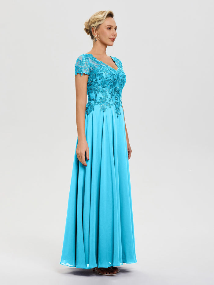 Pool Colored Mother Of The Bride Dresses A-Line Lace Sleeves V-Neck Lo