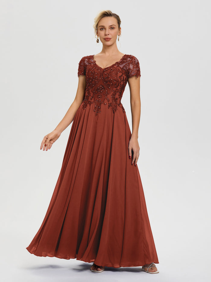 Mother Of The Bride Dress Rust A-Line Lace Sleeves V-Neck Long Chiffon