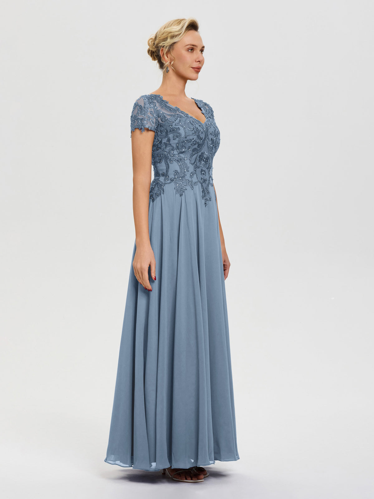 Mother Of The Bride Outfit Slate Blue A-Line Lace Sleeves V-Neck Long