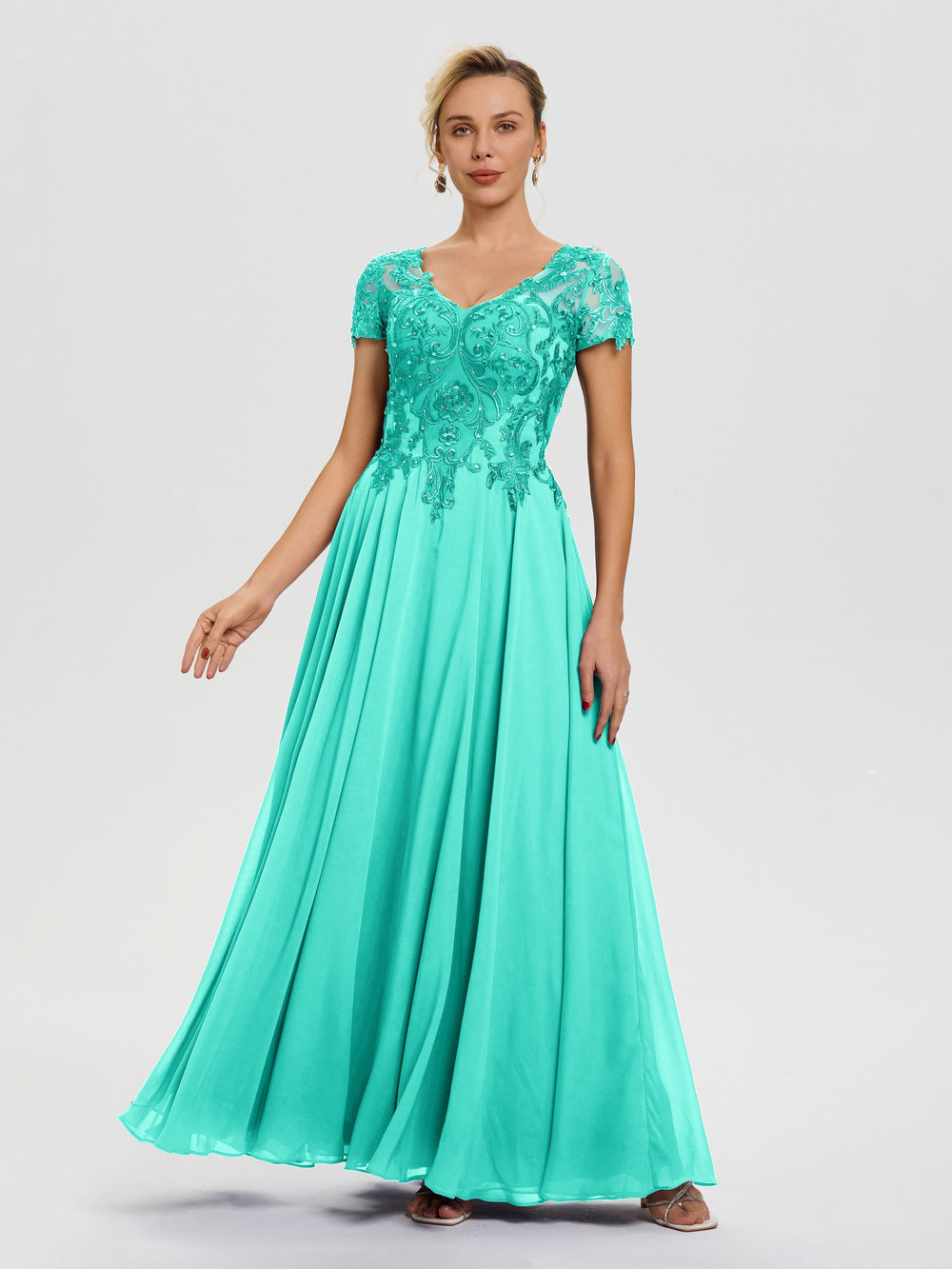 Mother Of The Bride Spa Dress A-Line Lace Sleeves V-Neck Long Chiffon