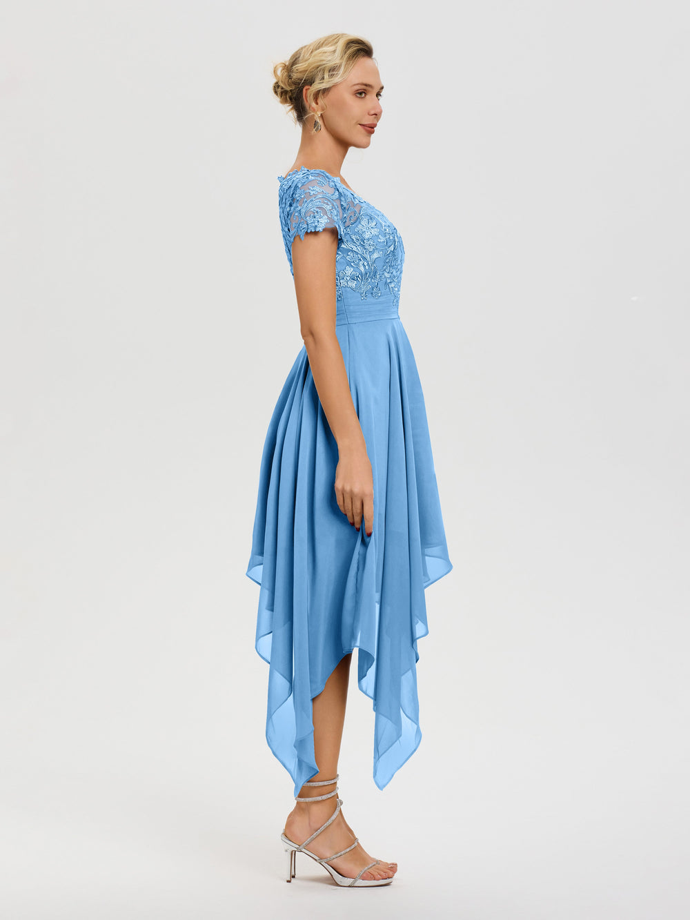 Blue Mother Of Bride Dresses Asymmetrical Sleeves A-Line V-Neck Lace K