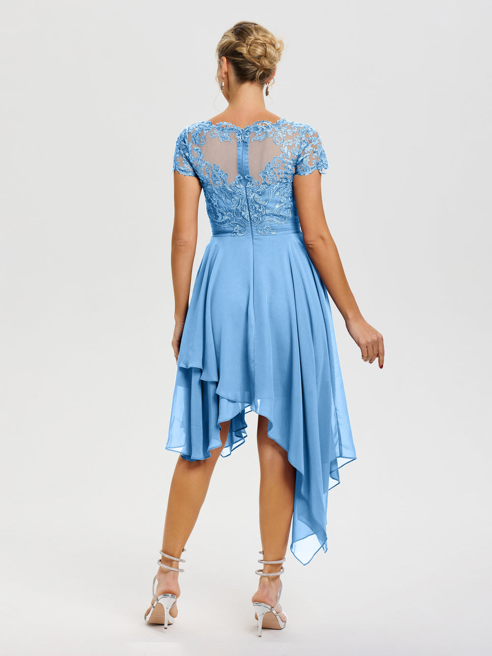 Blue Mother Of Bride Dresses Asymmetrical Sleeves A-Line V-Neck Lace K