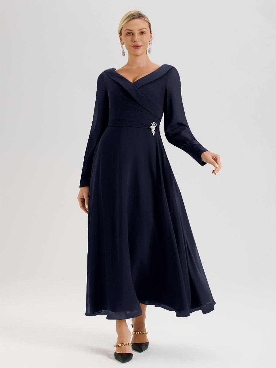 Cicinia Dark Navy Mother Of The Bride Dress Chiffon A-line Long Sleeve