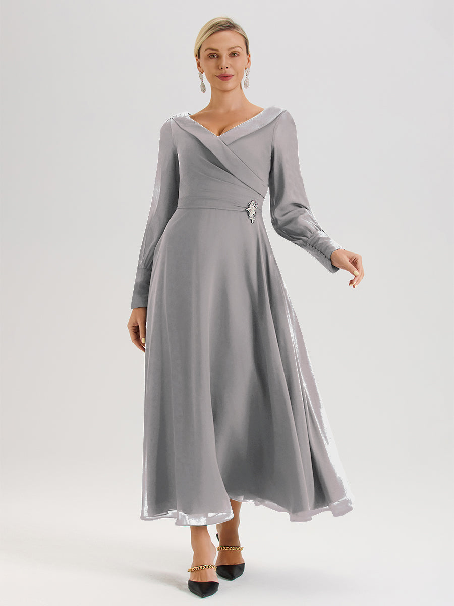 Cicinia Silver Mother Of The Bride Dress Chiffon A-line Long Sleeves W