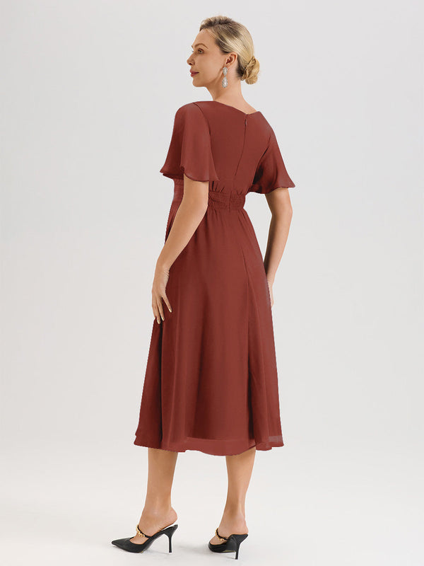 Cicinia Rust Mother Of The Groom Dress Long Chiffon A-line Tea Length