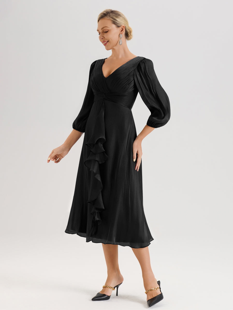 Cicinia Black Mother Of The Bride Dress Long Crepe A-line Tea Length 3