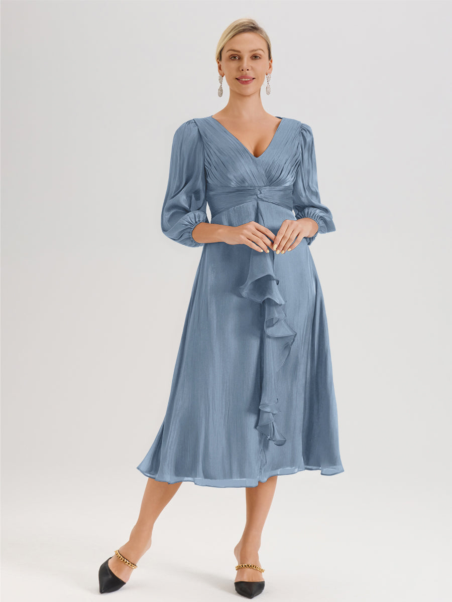 Cicinia Slate Blue Mother Of The Bride Dress Long Crepe A-line Tea Len