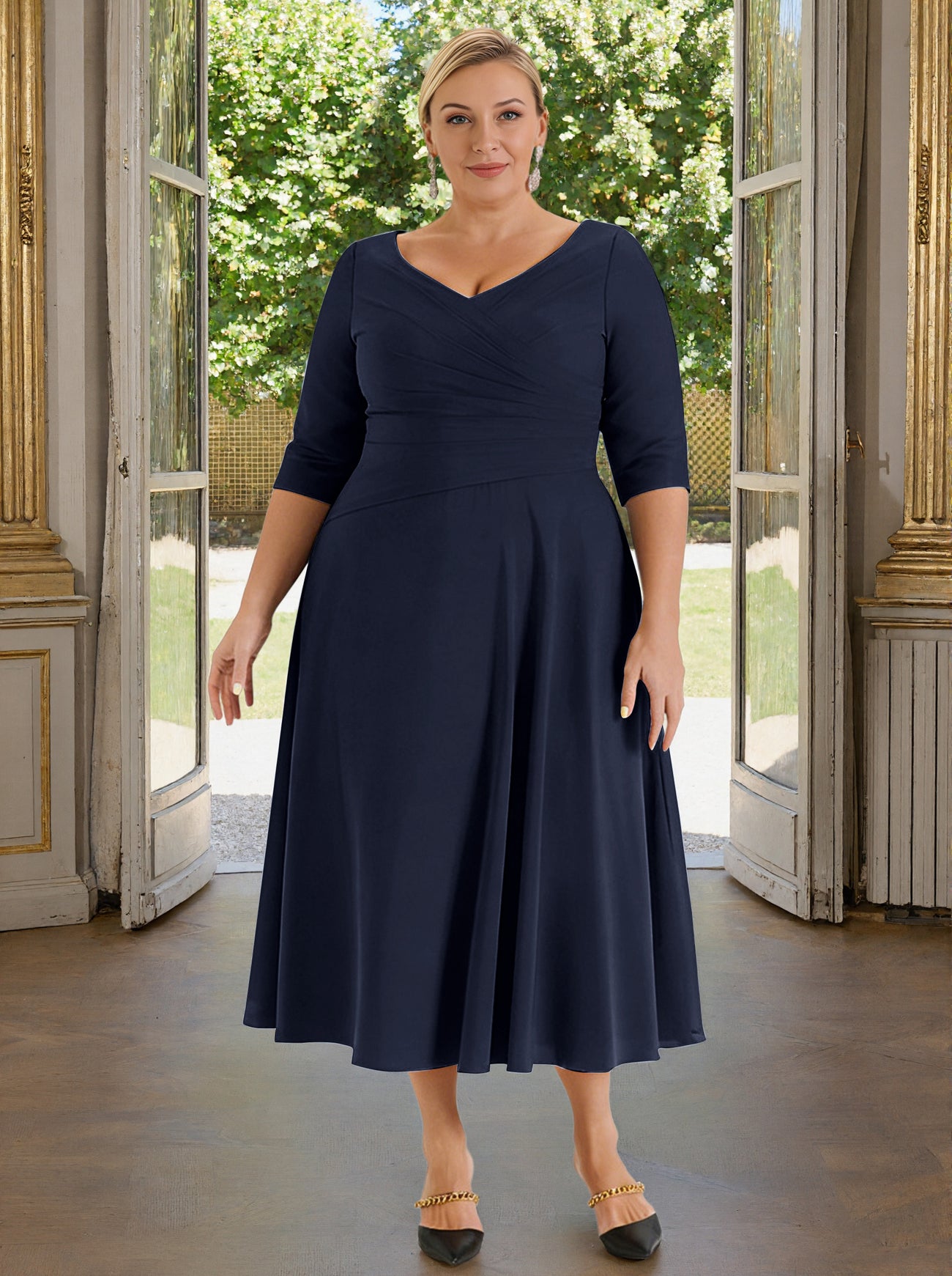 Cicinia V-neck Dark Navy Mother Of The Bride Dress Plus Size Long A-li