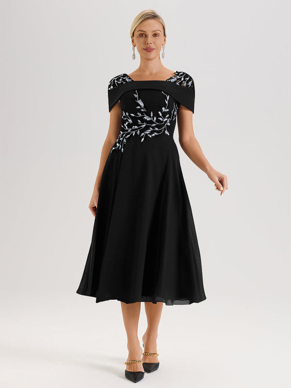 Cicinia Black Mother Of The Bride Dress Long Chiffon A-line Tea Length