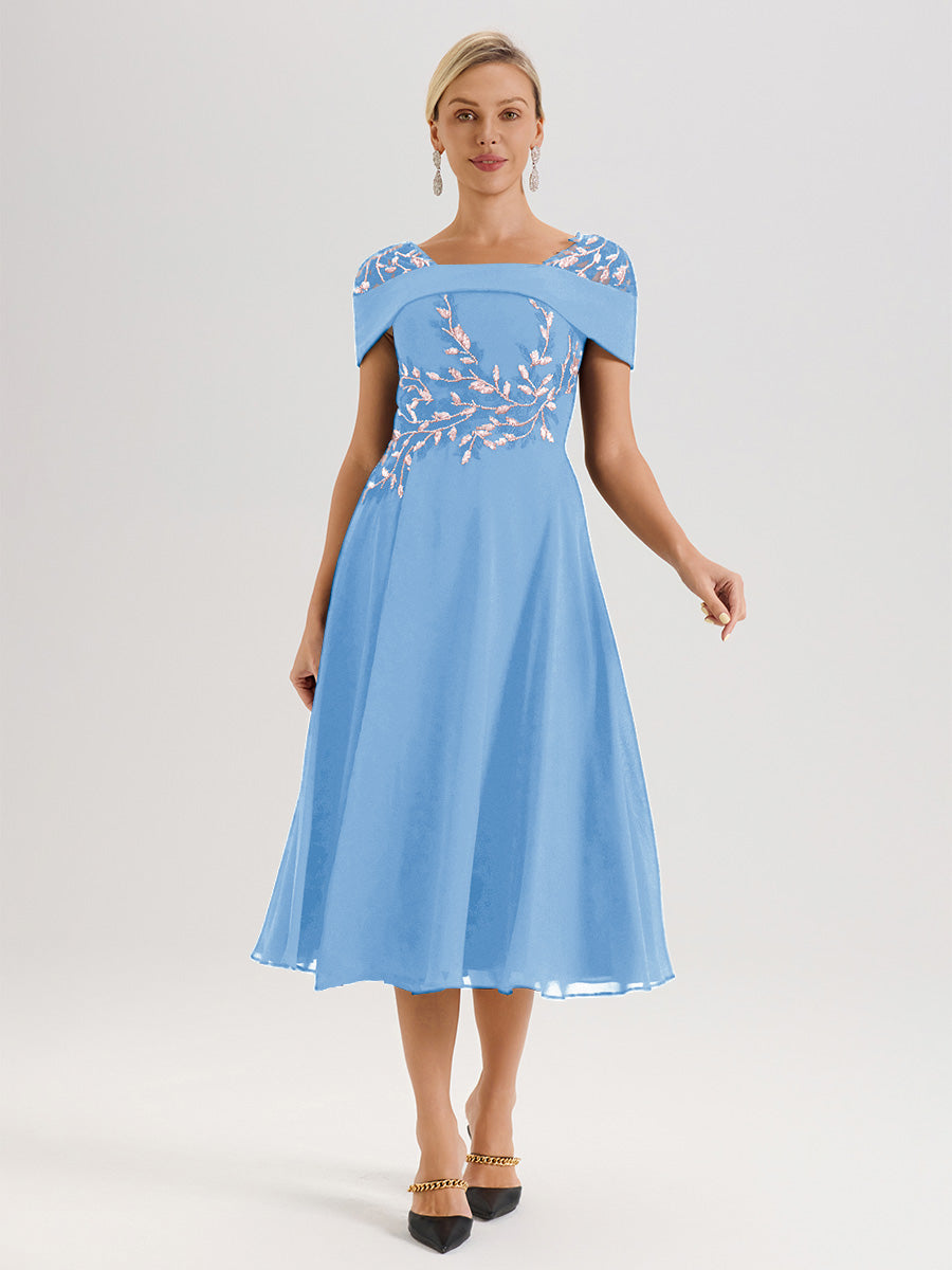 Cicinia Blue Mother Of The Bride Dress Long Chiffon A-line Tea Length