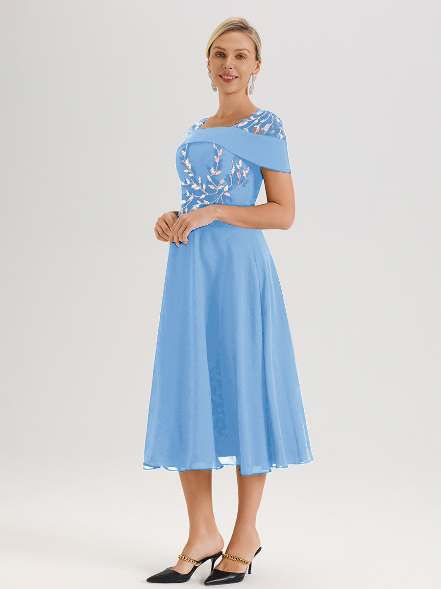 Cicinia Blue Mother Of The Bride Dress Long Chiffon A-line Tea Length