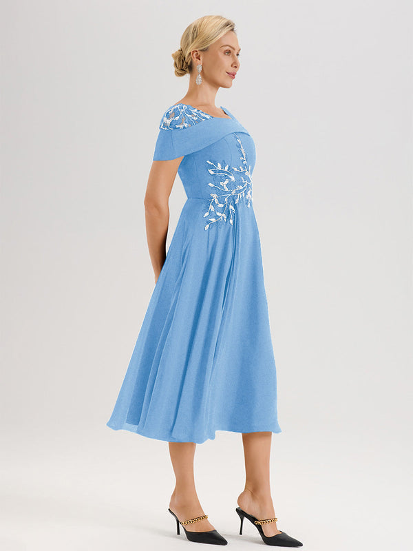 Cicinia Blue Mother Of The Bride Dress Long Chiffon A-line Tea Length