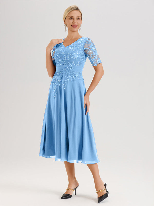 Cicinia Blue Mother Of The Bride Dress Long Chiffon A-line Tea Length
