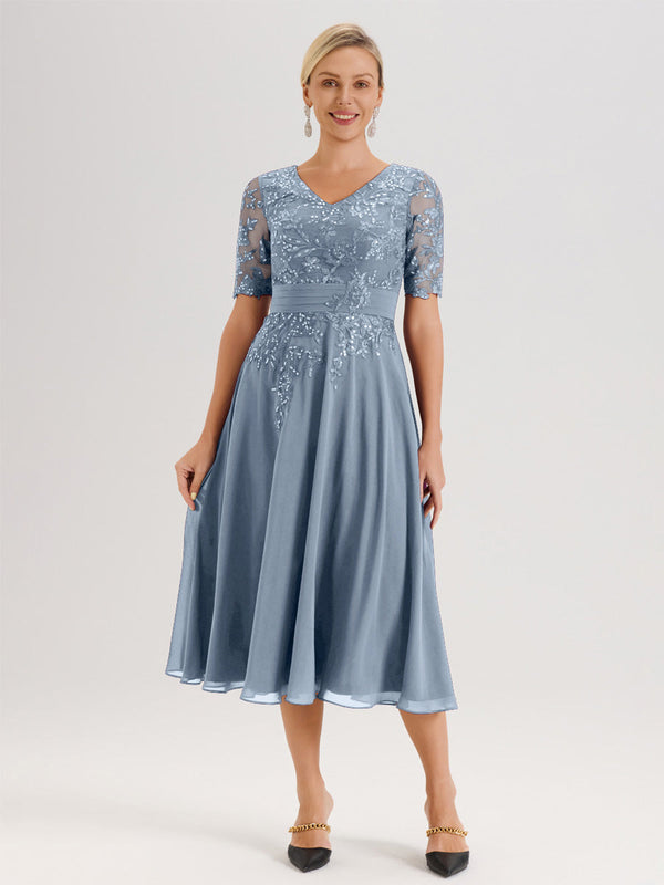 Cicinia Dusty Blue Mother Of The Groom Dress Long Chiffon A-line Tea L