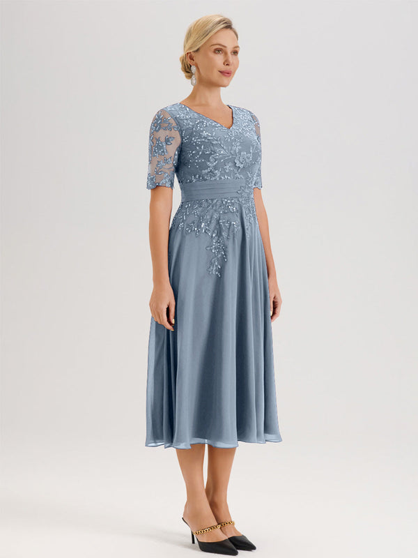 Cicinia Dusty Blue Mother Of The Groom Dress Long Chiffon A-line Tea L