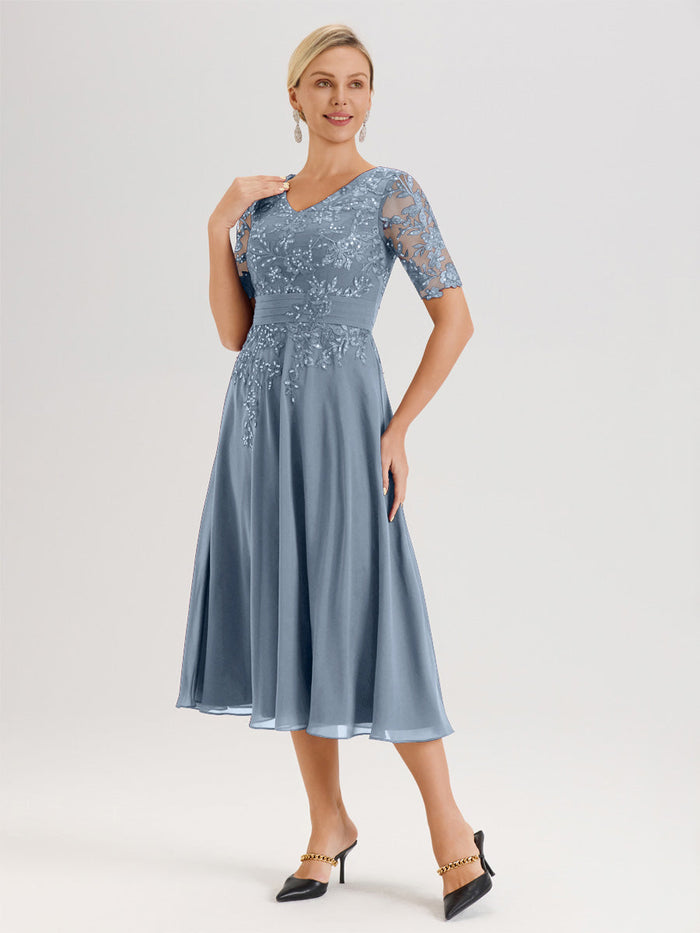 Cicinia Dusty Blue Mother Of The Groom Dress Long Chiffon A-line Tea L