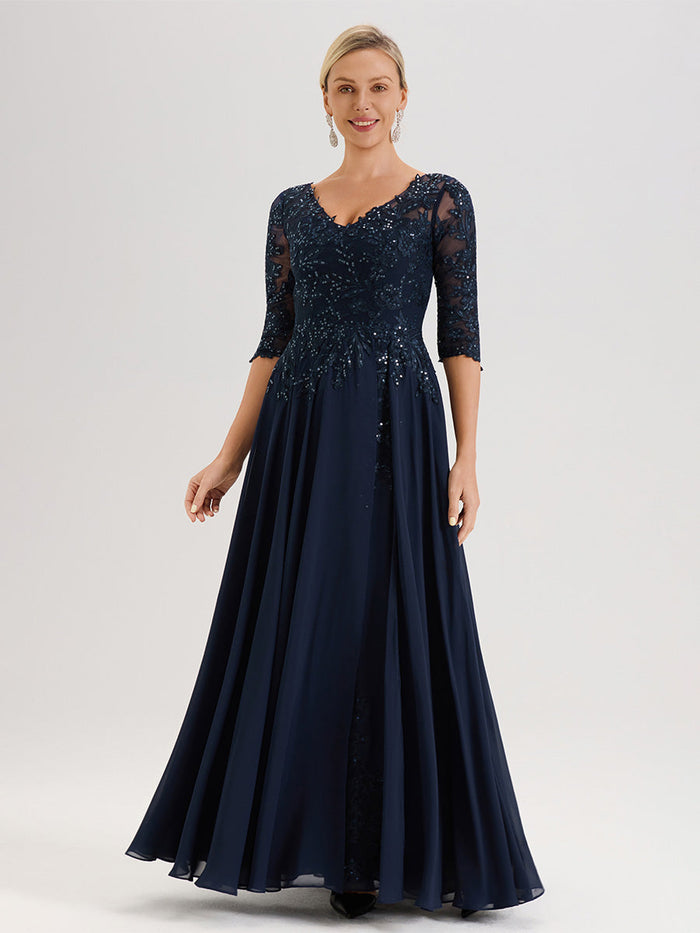 Cicinia Dark Navy Mother Of The Bride Dress Long Chiffon Sequined Lace