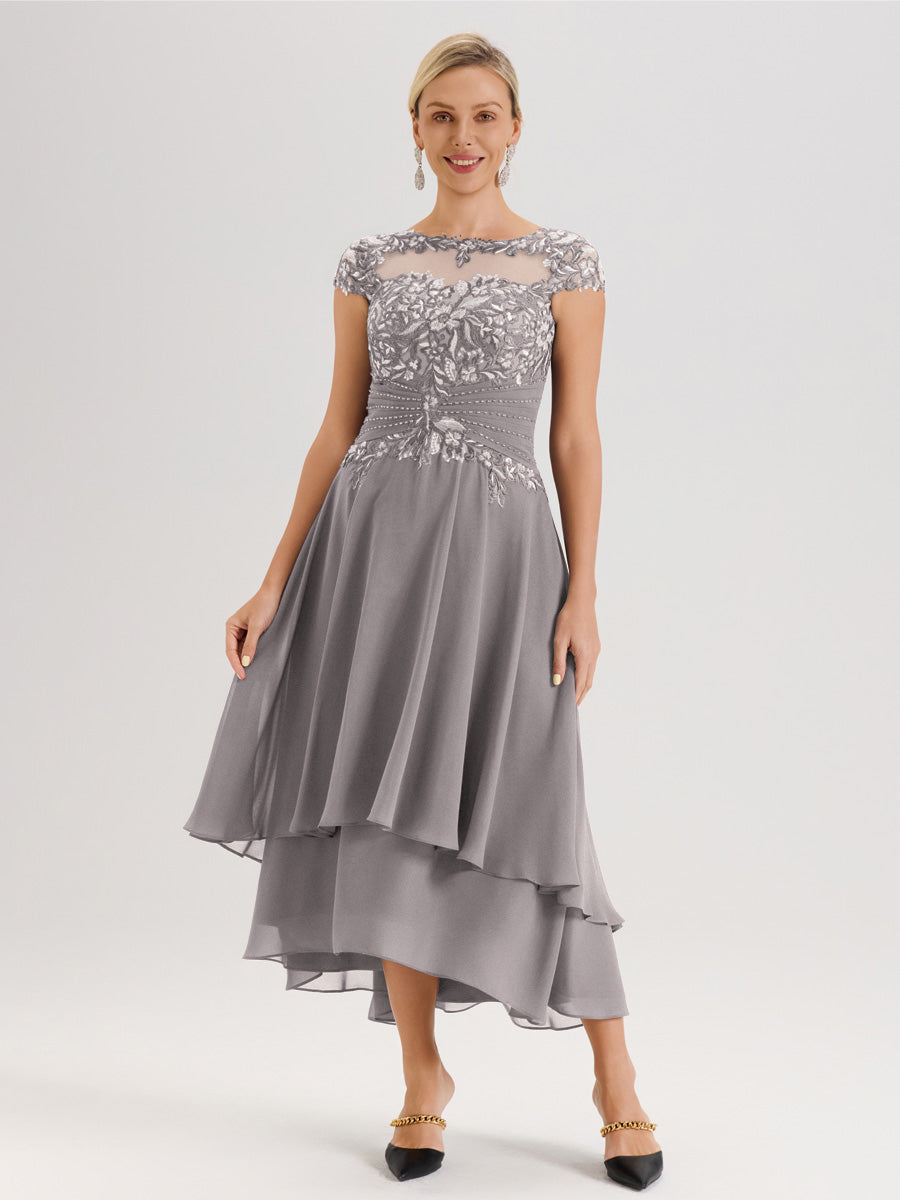 Cicinia Silver Mother Of The Bride Dress Long Chiffon Lace A-line High