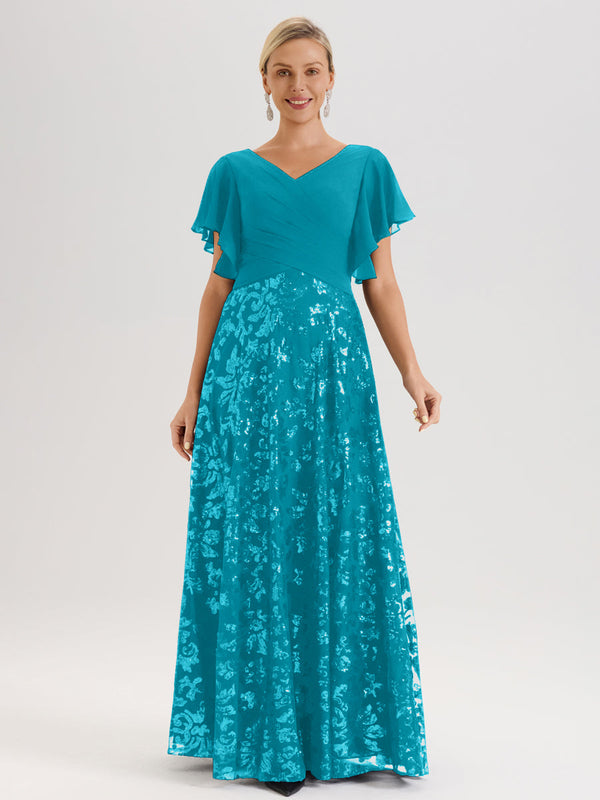 Cicinia Jade Mother Of The Bride Dress Long Chiffon Sequin Lace A-line