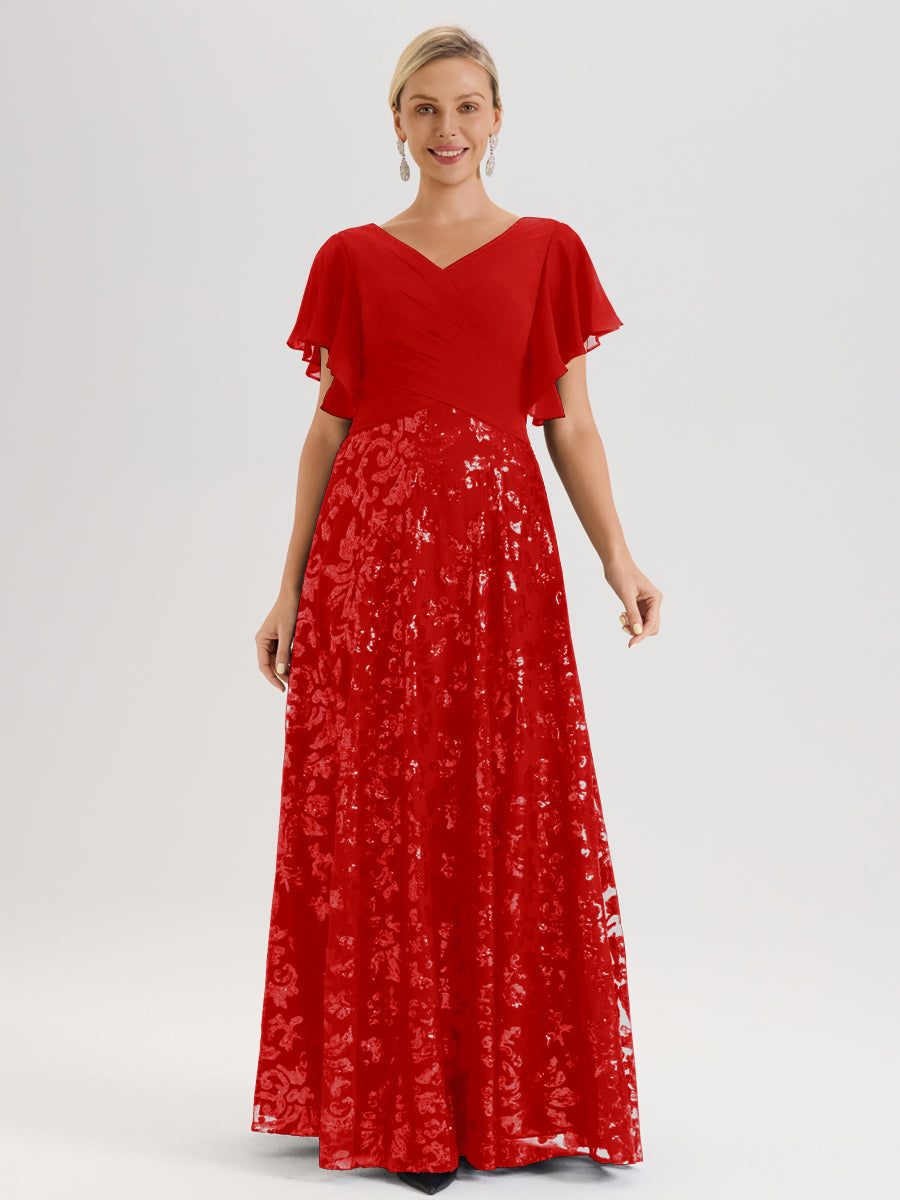 Cicinia Red Mother Of The Bride Dress Long Chiffon Sequin Lace A-line