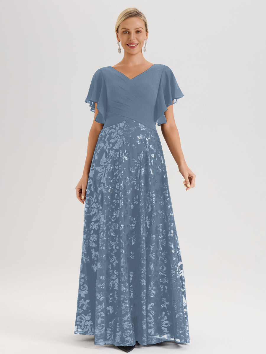 Cicinia Slate Blue Mother Of The Bride Dress Long Chiffon Sequin Lace