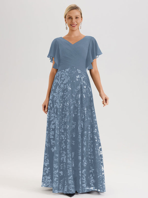 Cicinia Slate Blue Mother Of The Bride Dress Long Chiffon Sequin Lace
