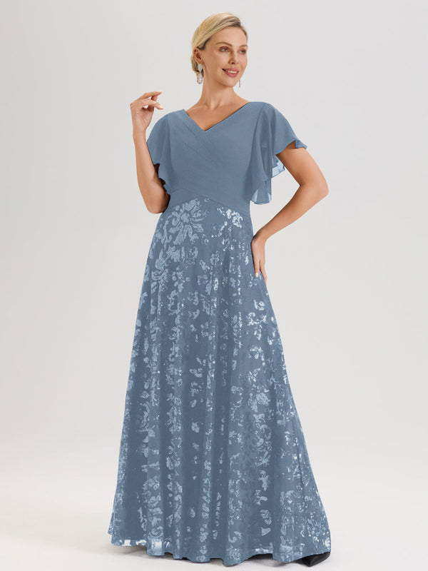 Cicinia Slate Blue Mother Of The Bride Dress Long Chiffon Sequin Lace