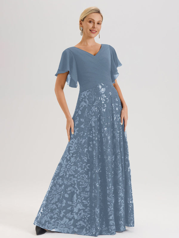 Cicinia Slate Blue Mother Of The Bride Dress Long Chiffon Sequin Lace