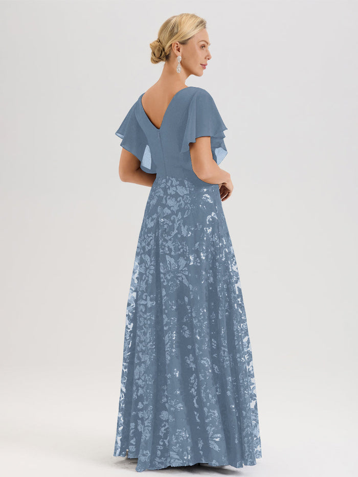 Cicinia Slate Blue Mother Of The Bride Dress Long Chiffon Sequin Lace